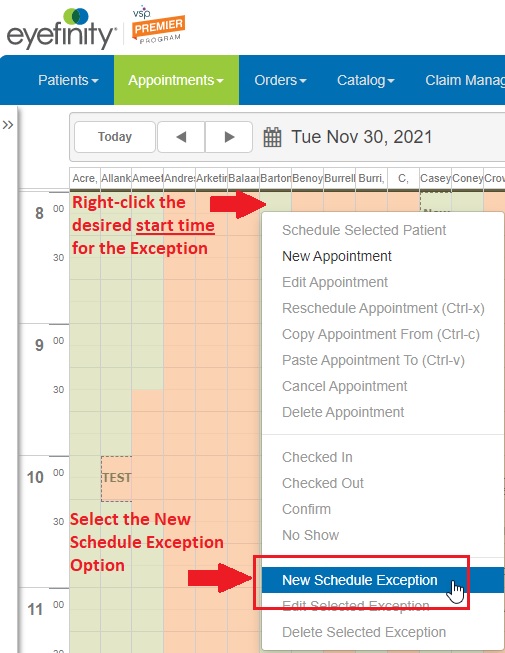 EPM - Creating Scheduler Exceptions in Eyefinity Practice Management.