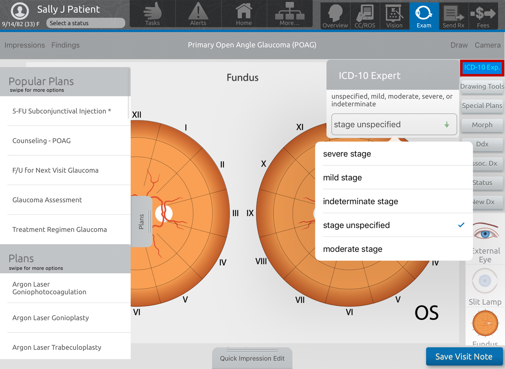 EHR - Documenting severity for ICD-10 codes in Eyefinity EHR on the iPad.