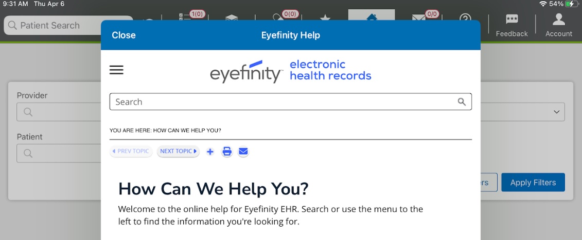 Ehr Accessing The Eyefinity Ehr Online Help Using The Ipad App